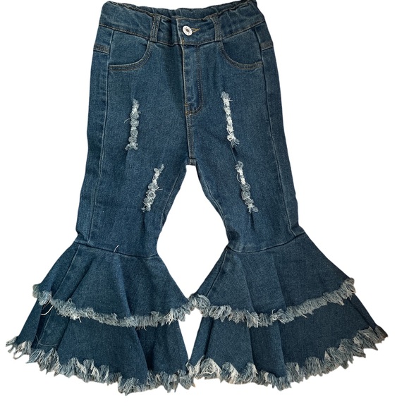 Bottoms | Little Girls Toddler Denim Frayed Western Bell Bottom Ruffle ...